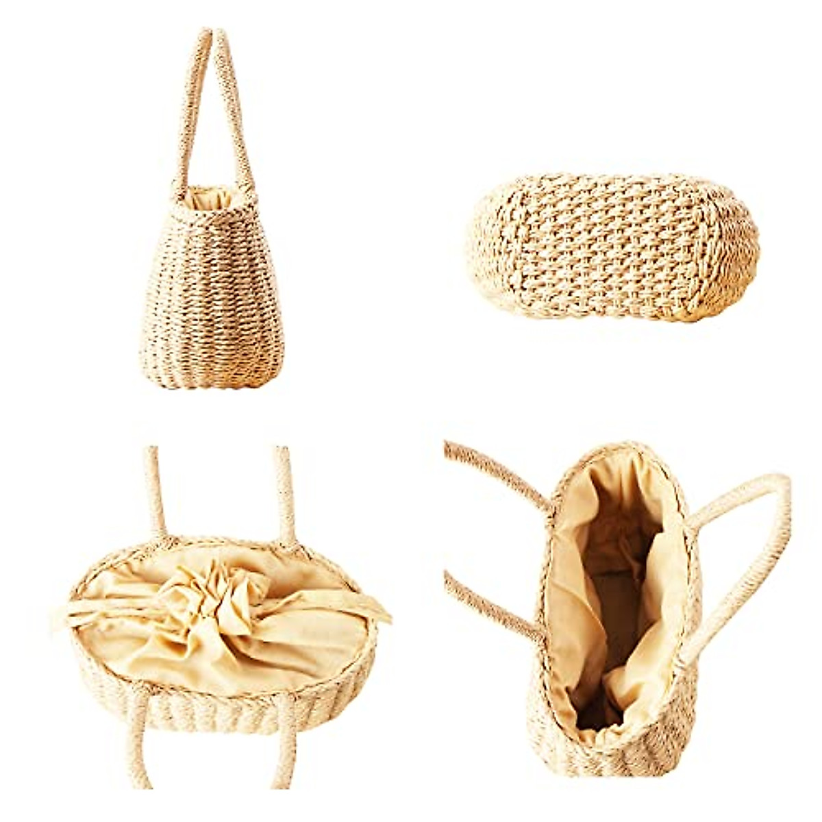 Women Summer Beach Straw Tote Bag Handmade Weave Handbag with Top Handle Removable Strap (Beige)