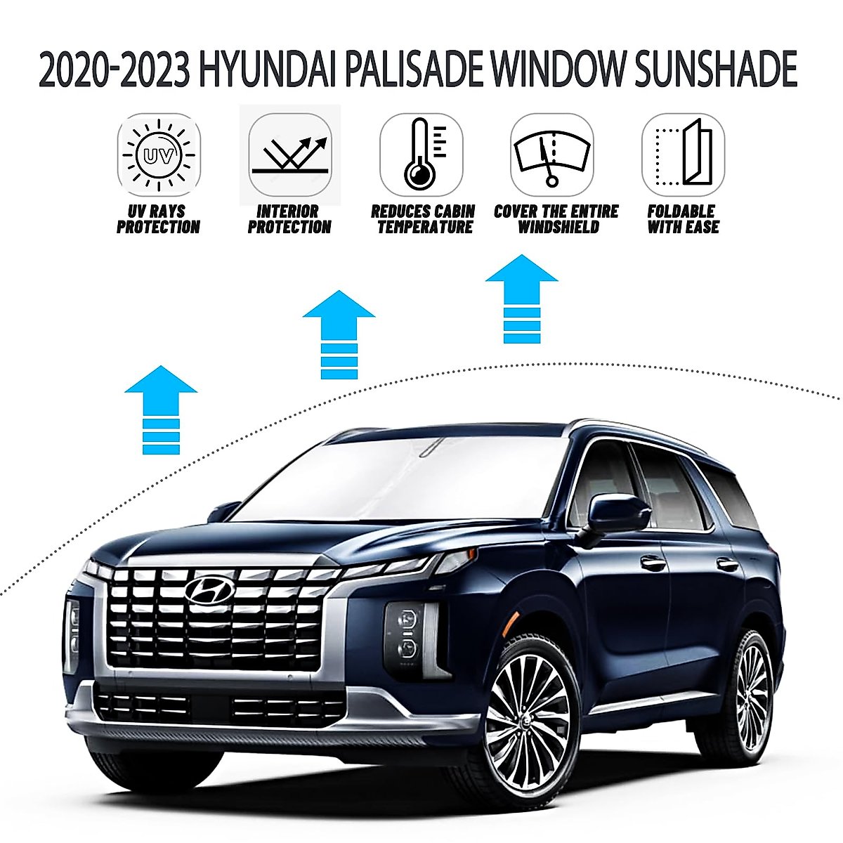 D-Lumina Windshield Sun Shade for 2020 2021 2022 2023 Hyun-dai Palisade Accessories, Front Window Sunshade Sun Visor Protector Block UV Rays Heat, Foldable 2 Layers 210T Material