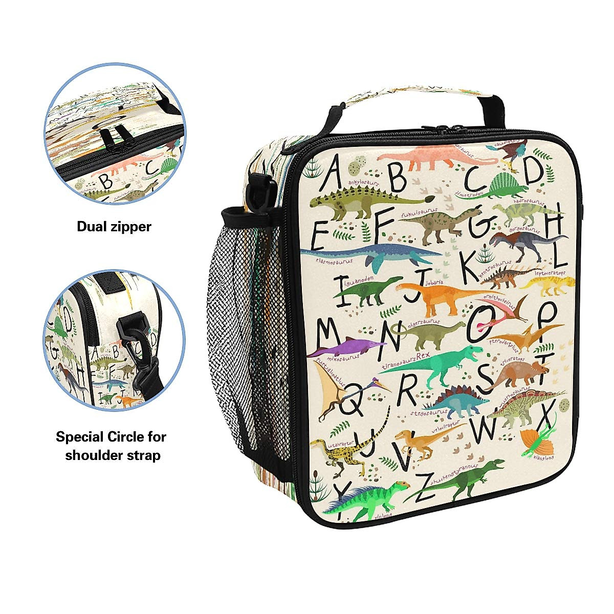 Pfrewn Dinosaur Lunch Box Alphabets With Dinosaurs Lunch Bag Insulated Reusable Cooler Meal Prep Bags Dino Animals Lunch Tote with Shoulder Strap for School Kids Boys Teens Office Adults