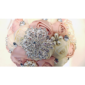 Abbie Home 8 Inches Bride Wedding Bouquet - Satin Roses with Pearls Rhinestone Brooches Accessories (Blush Pink & Creamy White)