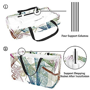 KQNZT Reusable Grocery Bags, Large Foldable Reusable Shopping Tote Bags Bulk for Groceries, Waterproof Kitchen Cloth Produce Bags with Long Handles, Retro Colored Dragonfly