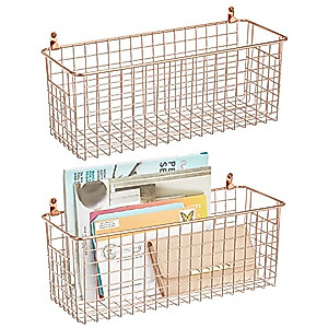 mDesign Portable Metal Farmhouse Wall Storage Organizer Basket Bin - Handles for Hanging in Entryway, Mudroom, Bedroom, Bathroom, Laundry Room - Wall Mount Hooks Included, Medium - 2 Pack - Rose Gold