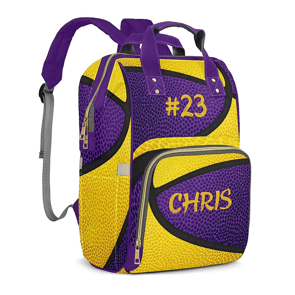 Anneunique Personalized Purple Yellow Basketball Print Tote Bag Backpacks Custom with Text Mommy Bag Gift for Boy Girl