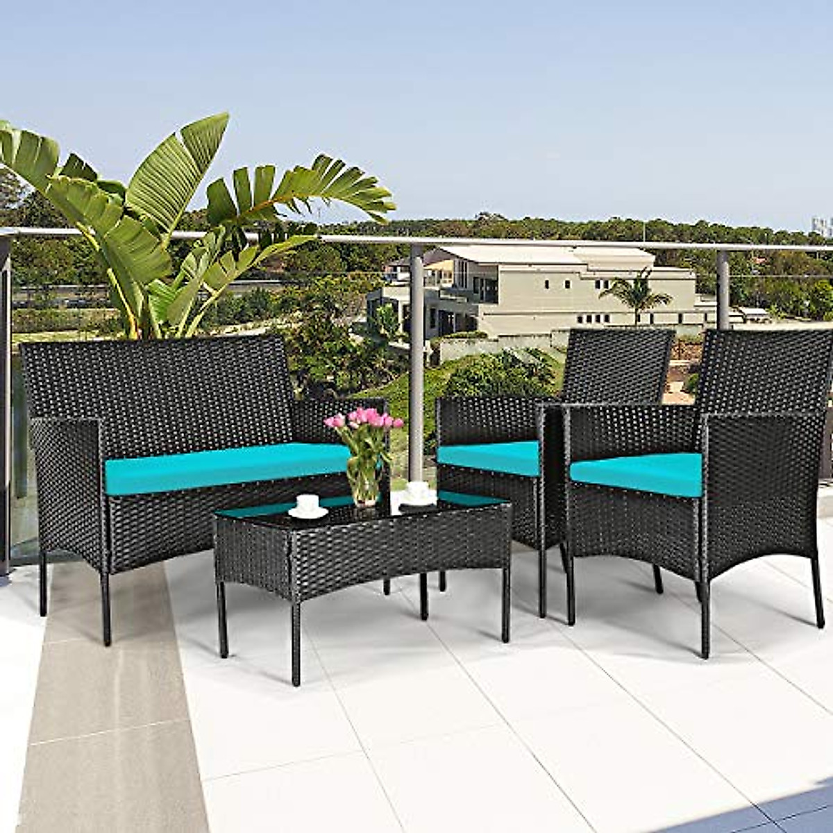 DORTALA 4 Pieces Rattan Patio Furniture Set, Practical Conversation Set w/Tempered Glass Top Table, Outdoor Wicker Sofa Set w/Removable Cushions for Poolside, Backyard