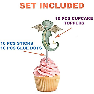 10 pcs Dragon Cupcake Toppers - Magical Dragon Cake Decorations for Fantasy Parties