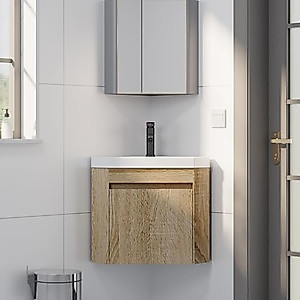 eclife 22" Corner Bathroom Vanity Sink Combo for Small Space Wall Mounted Floating Cabinet with White Resin Sink and Matte Black Faucet, Oak