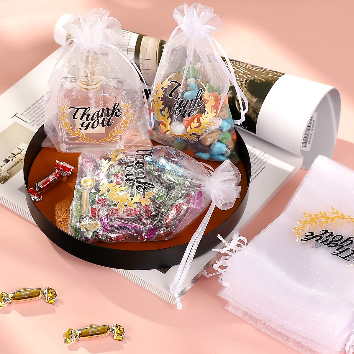 Hopttreely Small Thank You Bags Sheer Organza Bags, 100Pcs Wedding Favor Bags with Drawstring, 4X6 Jewelry Gift Bags for Party, Jewelry, Christmas, Festival, Makeup Mesh Favor Bags (White)