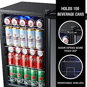 Phiestina Beverage Refrigerator and Cooler Freestanding Beer Cooler 100 cans Big Capacity Drinks Fridge with Interior Lighting Digital Touch Control Removable Shelves for Home/Bar/Office