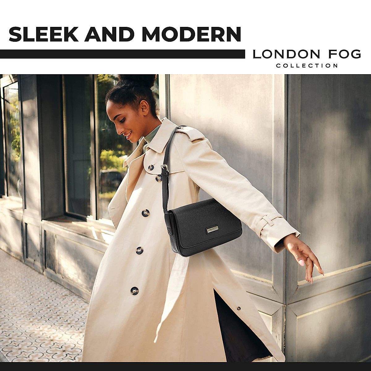 LONDON FOG ASTOR Texture Shoulder Bag for Women with Adjustable Strap - Black Texture