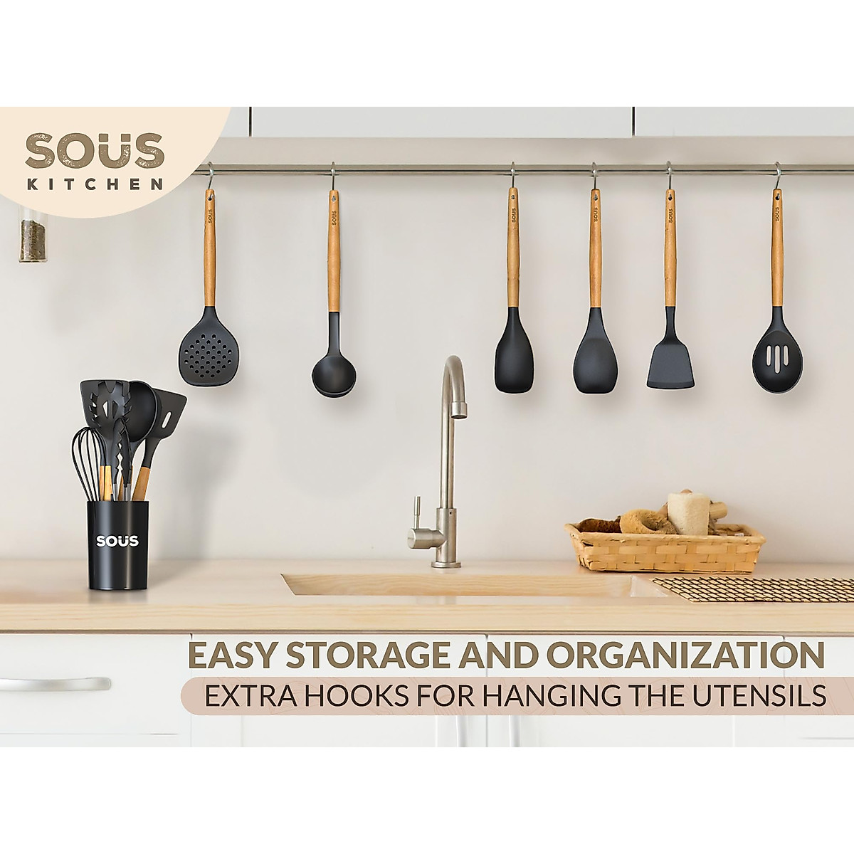 Sous Kitchen Silicone Kitchen Utensils Set & Silicone Cooking Utensils - Kitchen Silicon Utensil Set Wooden Handles - Cooking Utensil Set & Baking Essentials - 30 pcs Silicone Spoons for Cooking