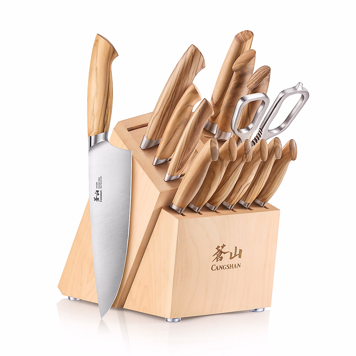 Cangshan OLIV Series 15-Piece Knife Block Set, Forged Swedish 14C28N Steel, Maple Block, 501691