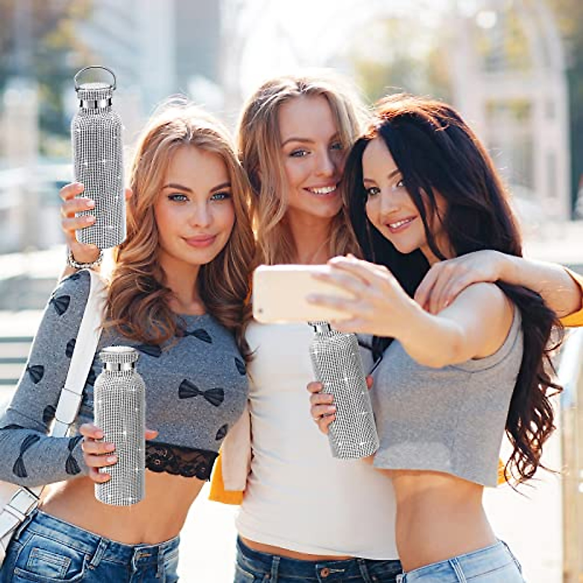 4 Pieces 25 oz Bling Cup Diamond Water Bottle Rhinestone Stainless Water Bottles Insulated Bling Tumbler Diamond Glitter Cup with Chain Brush for Women Travel Wedding Party Favor Gifts