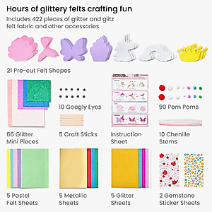 Arteza Kids Felt Kit, 422 Pieces, 21 Pre-Cut Glitter & Glitz Shapes, Assorted Felt Sheets, Glitter Mini-Pieces, Chenille Stems, and Accessories, Educational Kids’ Craft Supplies to Inspire Creativity