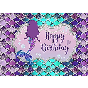 WR Mermaid Backdrop Under The Sea Blue Purple Mermaid Scales Birthday Photography Background for Girl Mermaid Princess Party Cake Table Decorations (7x5FT(Width 210cm x Height 150cm))