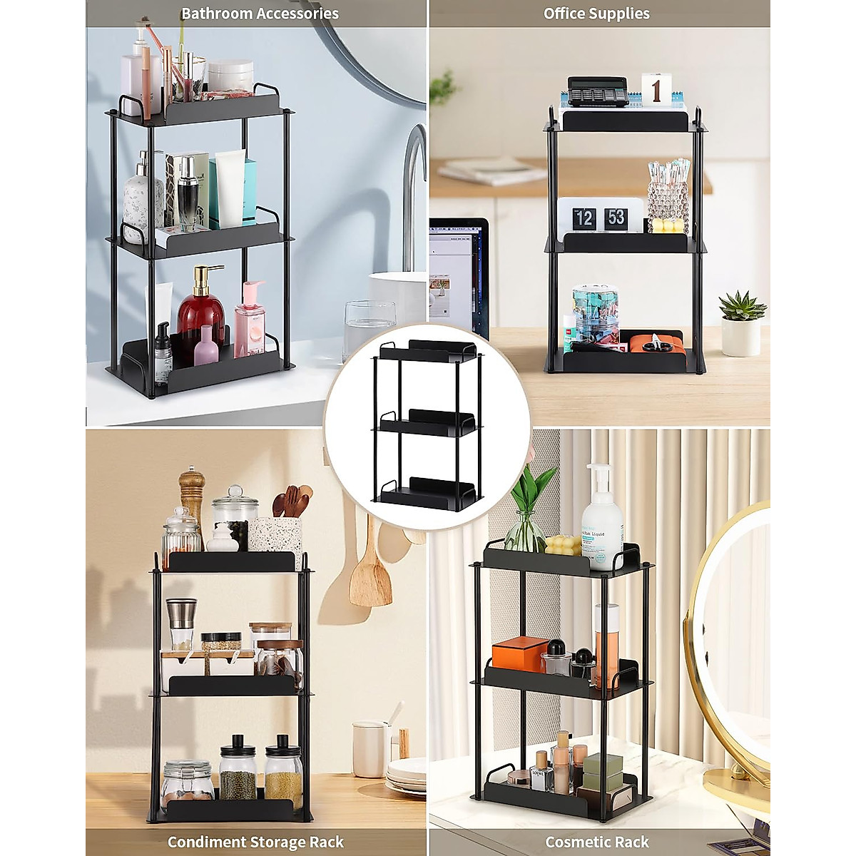 KATHY&BOB Bathroom Countertop Organizer, Make-up Desk Organization, Dressing Shelf Desktop Storage for Bathroom Cosmetic Dorm Kitchen Living Room, Multipurpose Cubicle Display Rack (Black, 3 Tiers)