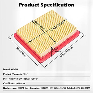 KLWZH 951-15245 Air Filter for MTD 751-15245 Craftsman Cub Cadet 490-200-M065 159cc 1X65 5X65 6X65 8X65 Engines 196cc 5X70 6X70 7X70 SC 700 E Self Propelled Troy-Bilt TB230 Engine Lawn Mower 2PCS