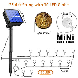 Cohoya Solar String Lights 25.6ft 30 Mini Globe Crystal Balls Waterproof Fairy Lights 8 Modes Outdoor Lights Solar Powered String Light for Christmas Garden Yard Home Party Wedding Decoration
