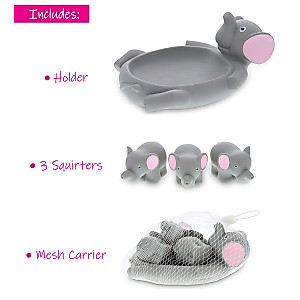 DolliBu Elephant Family Animal Bath Squirters 4 Piece Bath Toy Set, Children Bath Toys for Bathtime & Water Fun, Girls & Boys Floating Rubber Squirt Toys, Pool Toys for Kids - Gray Elephant