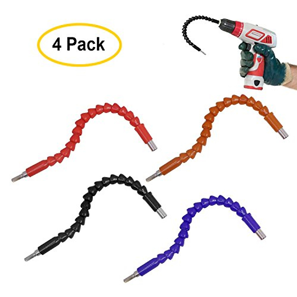 4 Pcs Flexible Drill Bit Extension, Screwdriver Soft Shafts, 11.6 inch, FineGood Universal Drill Connection - Black, Red, Blue, Orange
