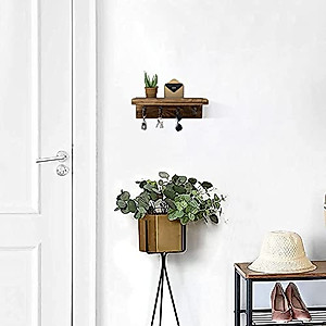 HRONRAD Rustic Key Holder for Wall, Farmhouse Wall Shelf with 4 Hooks, Wall Mounted Key Racks, Wooden Mail Organizer with Hooks for Entryway