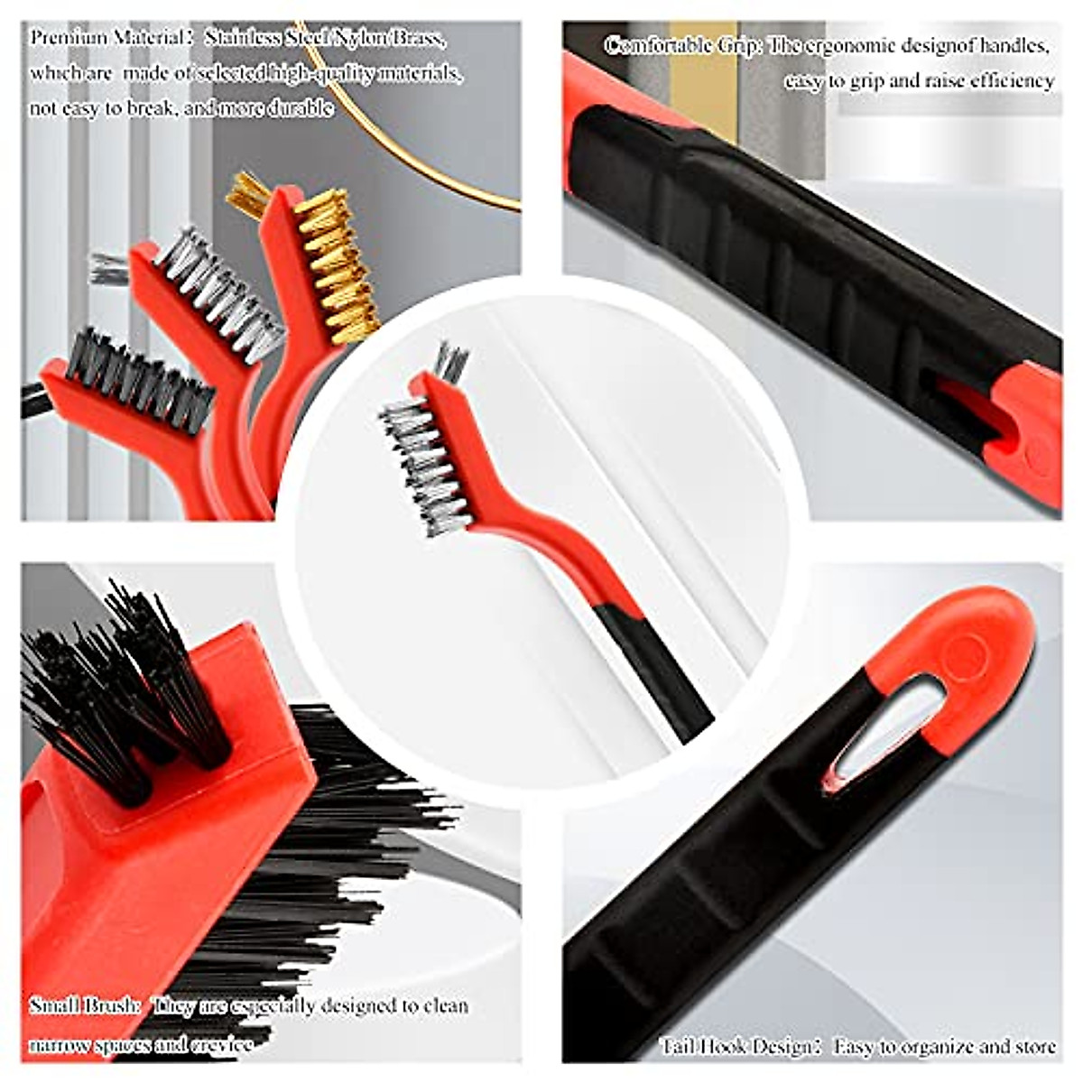 Wire Brush Set, 3 Pcs Stainless Steel/Brass/Nylon Wire Brushes for Cleaning with Curved Handle Grip for Rust Removal, Dirt, Paint Scrubbing(Red)