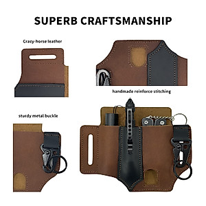 Multitool Sheath for Belt, Leather EDC Belt Organizer, EDC Pocket Organizer for Men, with Pen Holder, Key Fob, Flashlight Sheath (Light Brown)