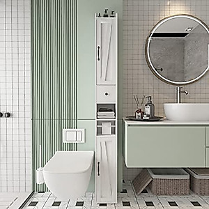 Bathroom Cabinet with Adjustable Shelf, Storage Cabinet for Small Space, Tall Bathroom Storage Cabinet with Retractable Toilet Paper Rod, Narrow Cabinet with 2 Doors, 8 Storage Compartments (White)