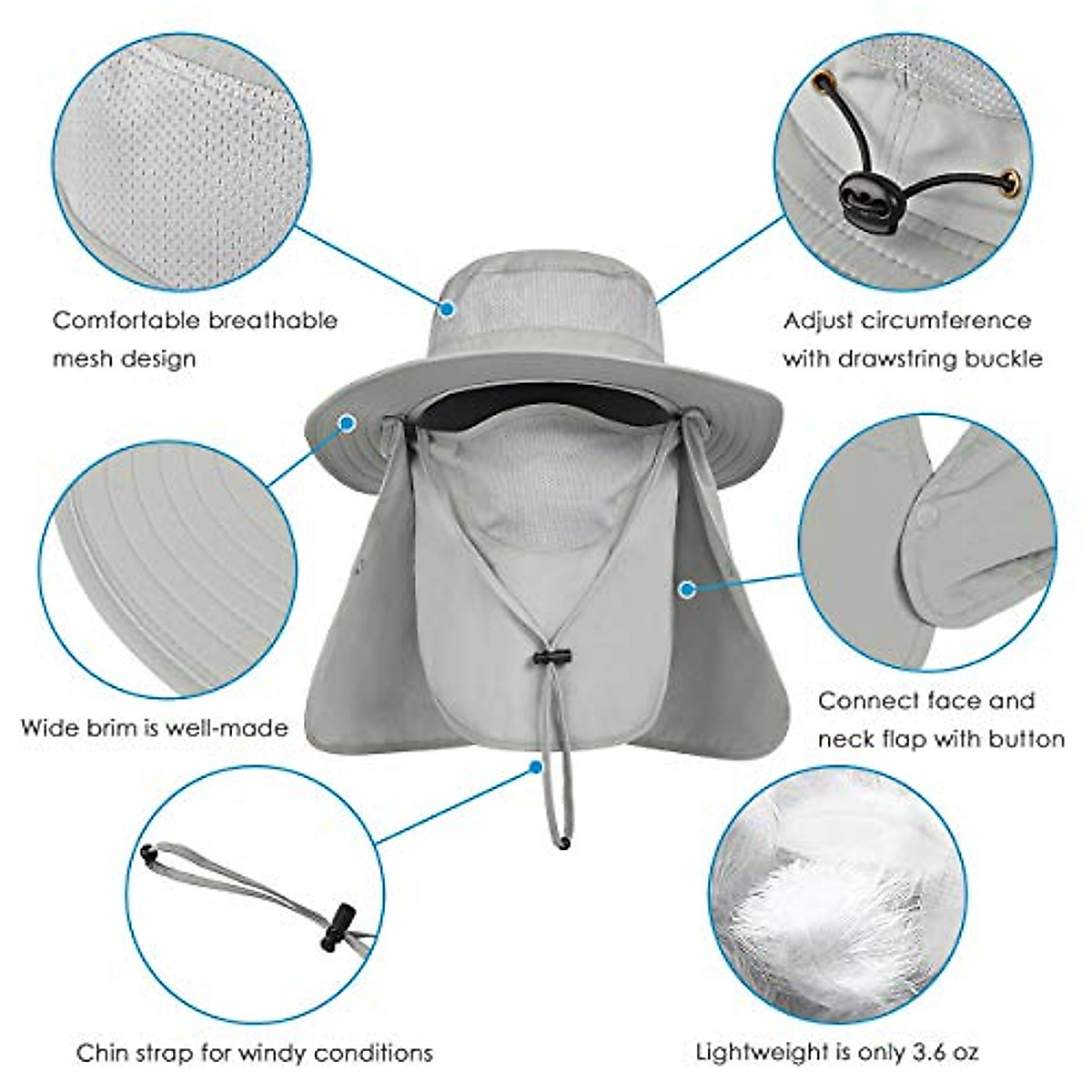 IYEBRAO Mens Outdoor Sun Hat with Face Neck Flap UV Protection for Fishing Hiking Garden (2 Pack-Dark Gray＆Light Gray)