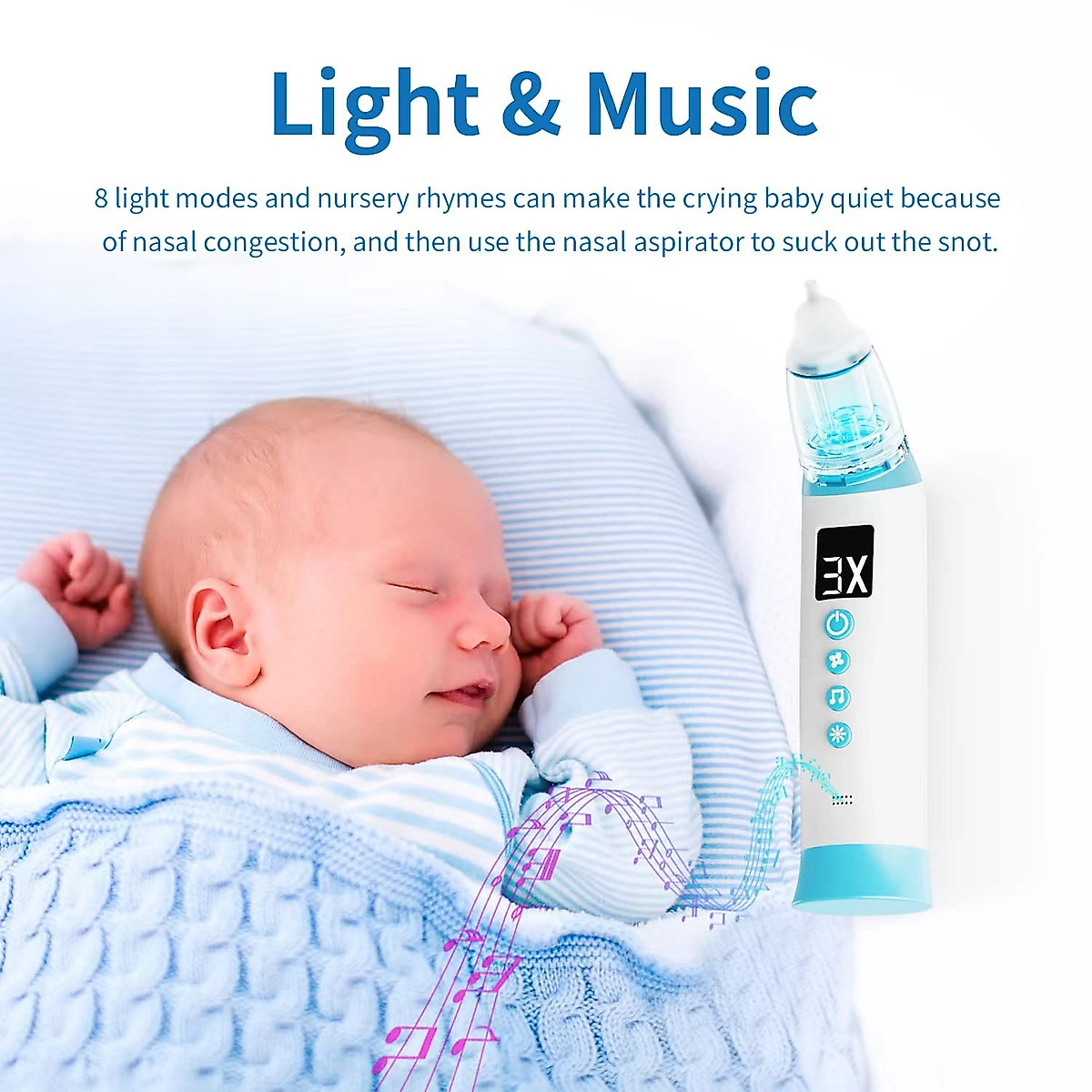 Electric Baby Nasal Aspirator, Rechargeable Nose Sucker for Baby, Adjustable 3 Levels Suction, Booger Sucker for Baby with 8 Light Modes & Adjustable Volume Nursery Rhymes