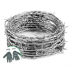 Suvunpo 49FT Barbed Wire,4 Point Barbed Wire Fence Perfect for Crafts, Fences, and Critter Deterrent,16 Gauge Barb Craft Wire Included a Pair of Gloves
