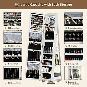 SERWALL 360 Rotating Jewelry Stand Organizer - Freestanding Dressing Mirror Jewelry Cabinet Storage - WHITE