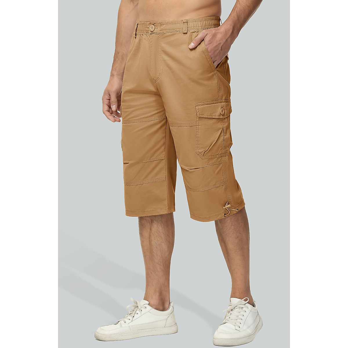 MAGCOMSEN Men's below Knee Long Shorts Cotton Work 3/4 Cargo Capris 7 Pockets Twill Military Summer Shorts Khaki 32
