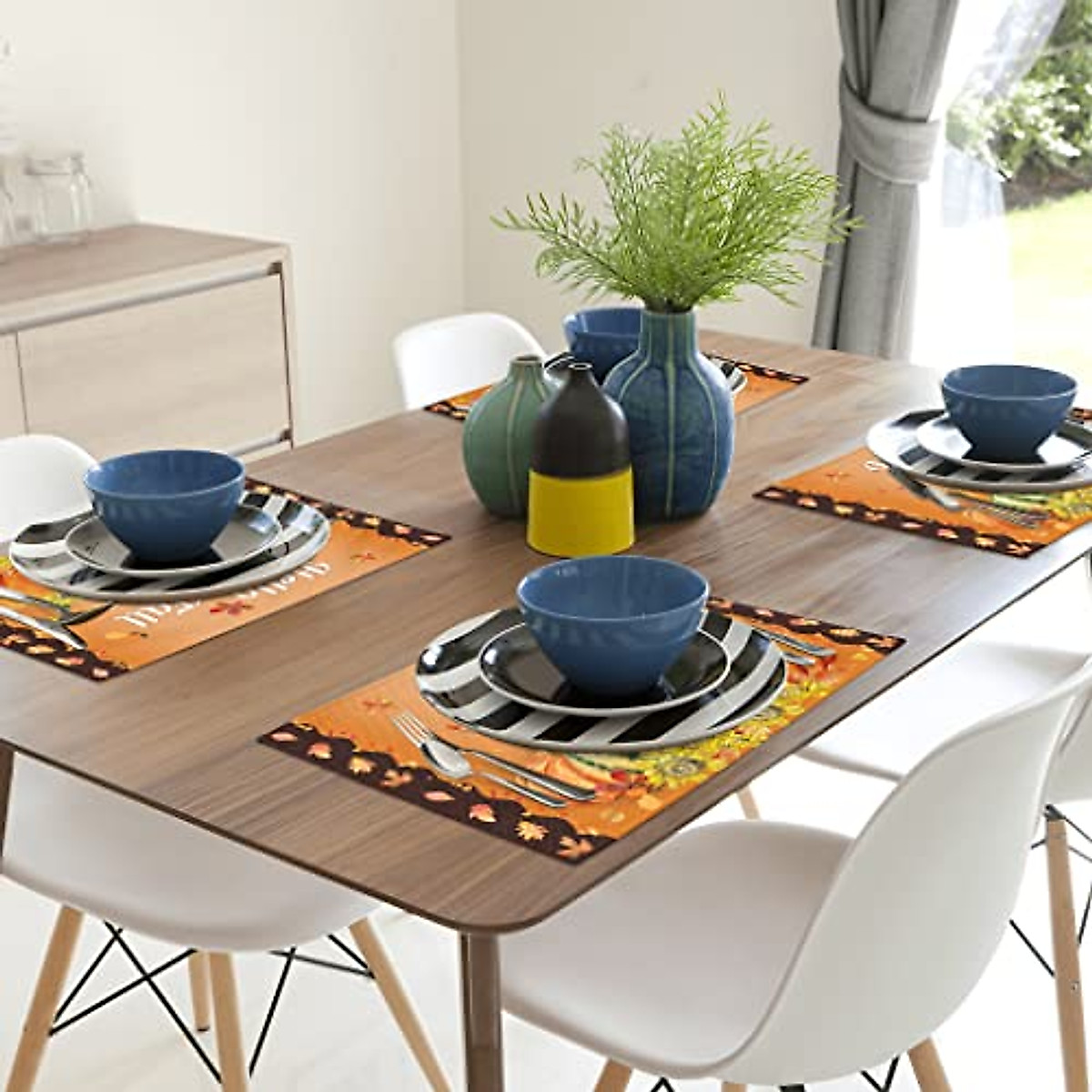 Thanksgiving Placemats Set of 6, Fall Pumpkin Sunflower Heat Resistant Dining Table Placemats, Autumn Leaf Macrame Square Washable Wipeable Linen Fabric Cloth Place Mats for Holiday Kitchen Decor