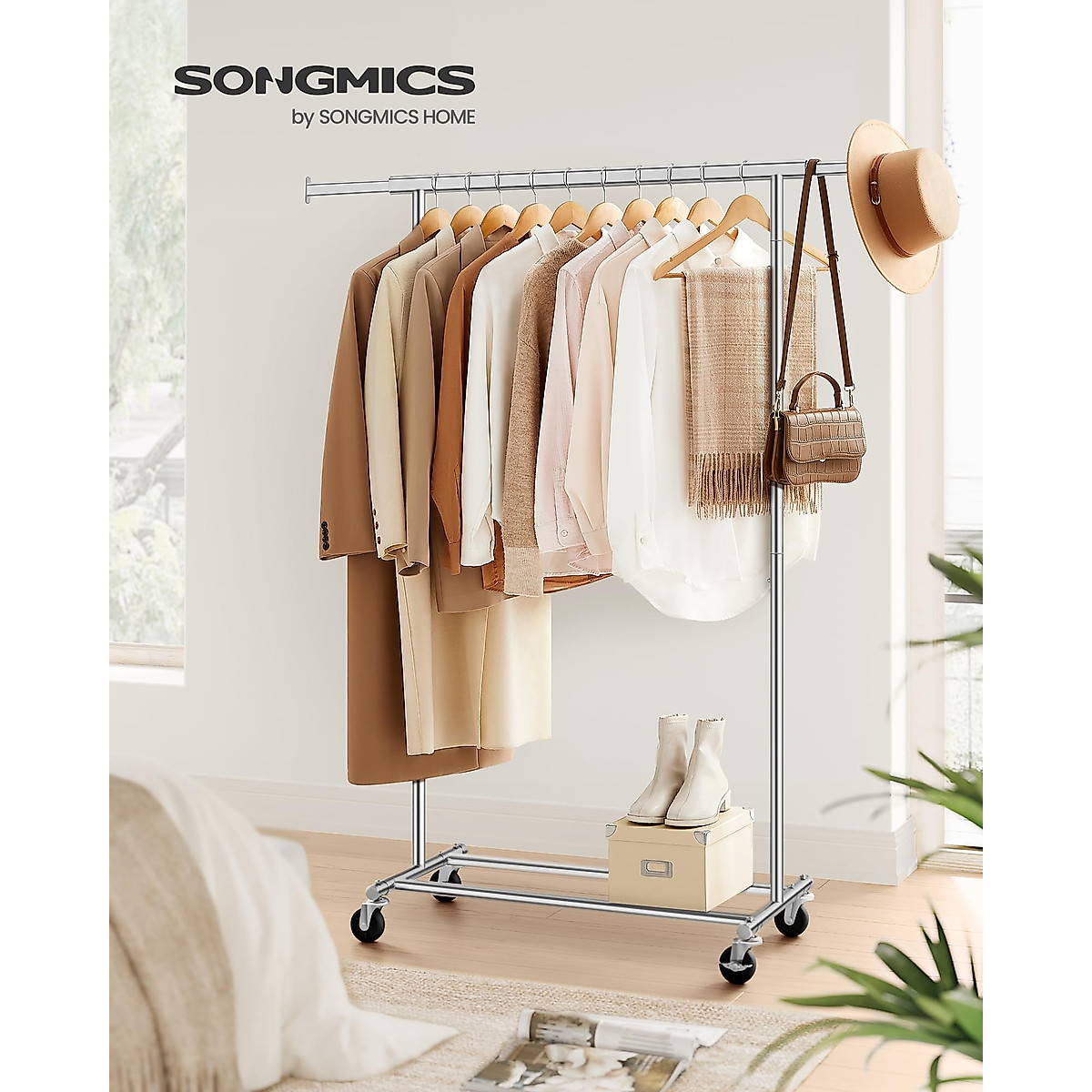SONGMICS Clothes Rack with Wheels, Heavy-Duty Clothing Rack for Hanging Clothes, Portable Garment Rack, with Extendable Hanging Rail, 220 lb Load Capacity, Silver UHSR13SV1