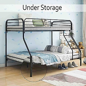 RIDFY Metal Bunk Bed with Guardrail and Ladders, Heavy Duty Twin Over Full Beds Frame for Kids/Teen/Adults, Space-Saving, Noise Free, No Box Spring Needed, Easy Assembly (Black)