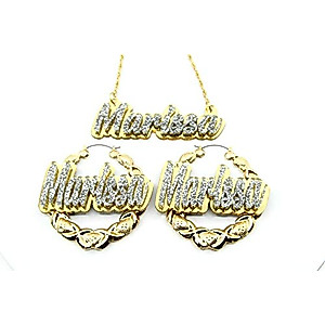 Name Necklace Plate Personalized Custom Nameplate and 2.5" XOXO Gold Earrings Made To Order Any Name Jewelry Set Laser Cut Diamond Look Glitter Script Cursive Letters, Quality Gold Chain, Stunning