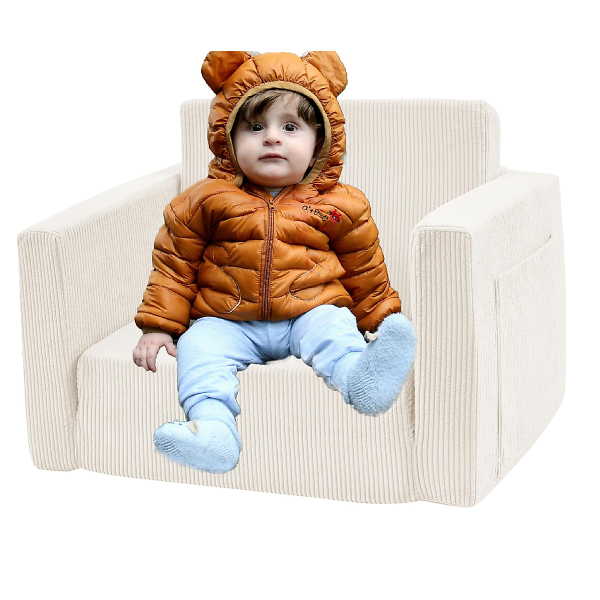 LPMOERA Kids Sofa Toddler Armchair Baby Mini Chiar Corduroy Reading Chair Couch for Bedroom and Playroom with Double Pockets White 3-7T