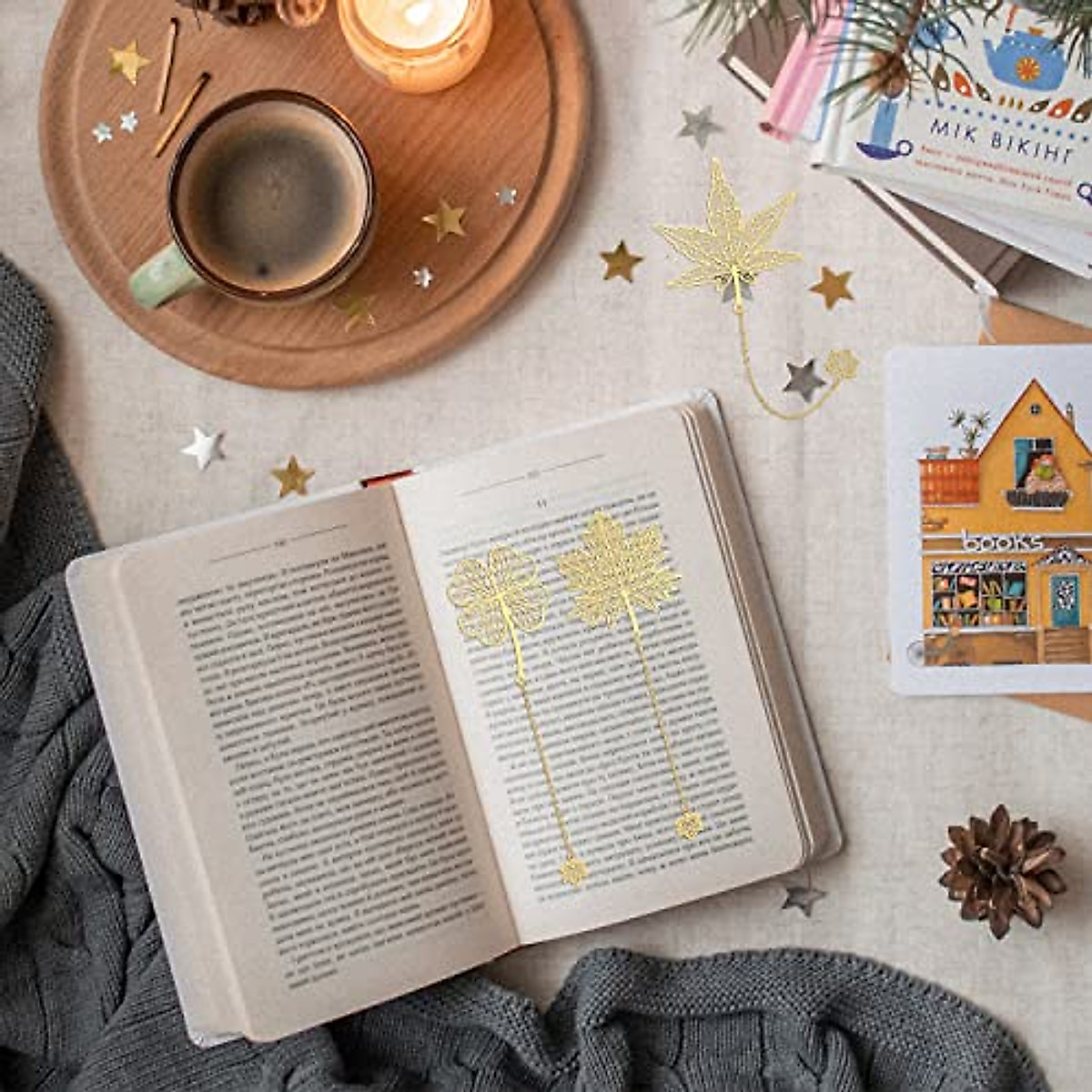 8 Pack Metal Bookmark with Chain, Exquisite Hollow Leaf Bookmark Unique Bookmarks Vintage Including Ginkgo Carnation Lotus Maple Leaf for Book Lovers, Writers, Children, Adults (Gold, 8 Designs)