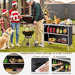 COSTWAY Folding Picnic Camping Table, Portable Lightweight Aluminum Table with Carry Bag, Food Prep Station with 2 Shelves, Quick Set-up, Outdoor Camping Table for BBQ, Party, Backyard (Black)