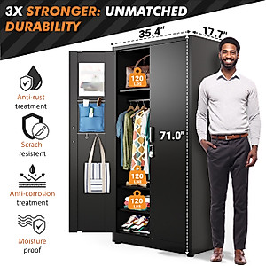 METALTIGER 72" Metal Wardrobe Armoire Closet Cabinet with Digital Lock, Adjustable Shelves, Hanging Rods, and Mirror - Lockable Steel Storage Locker Office, Gym, Laundry Room, or School (Black)
