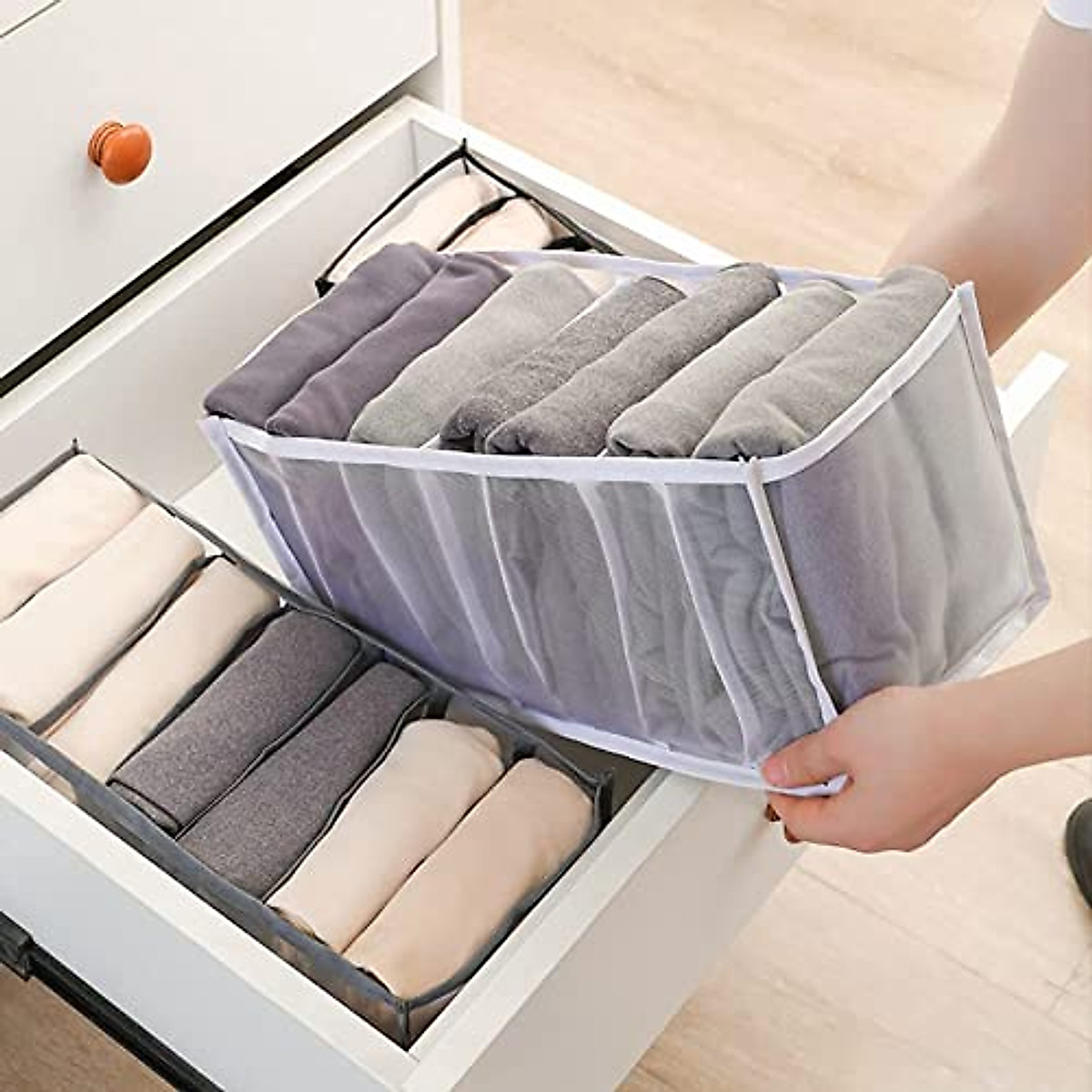 The Fleet Group [2 Pack] Wardrobe Clothes Organizer For Jeans Trousers And Pants 7 Layer Grid Washable Storage Box With Mesh Separation For Closet Drawer (White), Medium