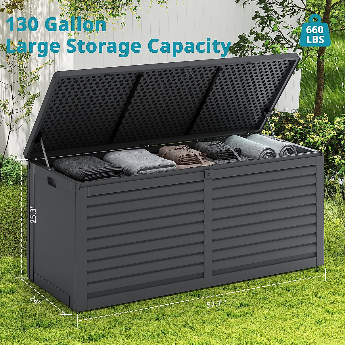 HUGROVE 130 Gallon Resin Deck Box, Large Outdoor Storage with Lockable Lid & Side Handles, Deck Boxes Outdoor Waterproof for Patio Cushions, Garden Tools, and Pool Accessories (Black)