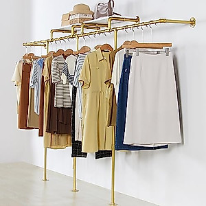 WJJAYY Wall Mounted Gold pipe clothing rack with 3 T-Bar Design and Nano Gold Finish with 2 Wooden Shelves Heavy Duty Wall Mounted Gold Iron Garment Bar for Retail Display and Closet Storage