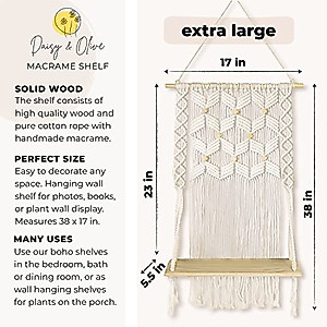Daisy & Olive Large Premium Macrame Wall Hanging Shelf - Bohemian Wall Decor for Bedroom - Floating Shelves for Wall Decor - Aesthetic Room Decor - Shelf Wall Hanging Plant Hanger - Crochet Hangings
