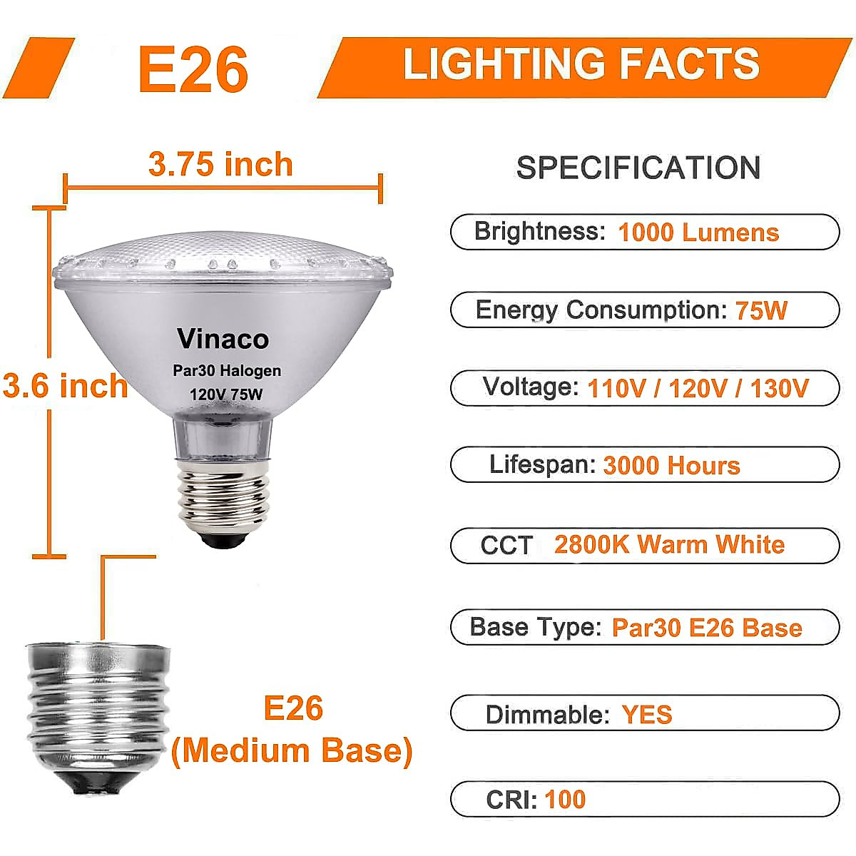 Vinaco PAR30 Short Neck 75W, 6 Pack High Output PAR30 Halogen Flood Light Warm White 2800K, PAR30 Dimmable, Long Lasting PAR30 Flood Light Bulb 120V with E26 Base for Indoor/Outdoor