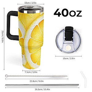 Lemon Slice Pattern 40 Oz Water Bottle, Stainless Steel Tumbler with Handle And Straw, Extra Large Insulated Tumbler, Flip Straw Tumblers for Sports, Work, Car, Travel And Weekends