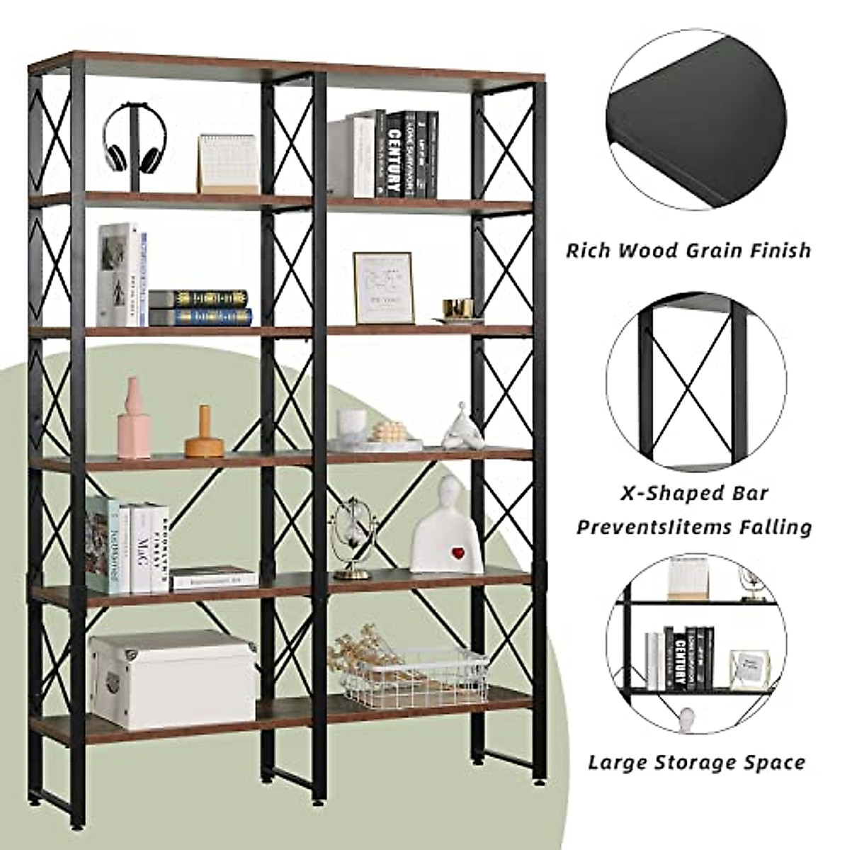 MELLCOM Double Wide 6-Tier Bookshelf, Industrial Open Large Bookcase, Wood and Metal Tall Bookshelves for Living Room Bedroom Office, Rustic Brown