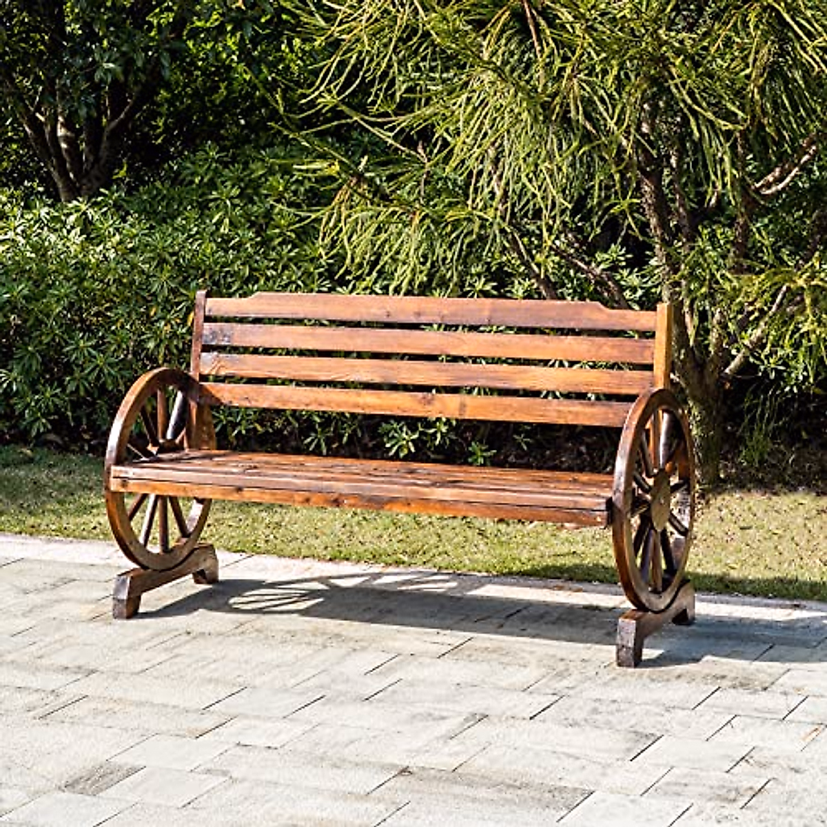 Mavalous Wagon Wheel Bench for Outdoor, 3-Person Seat Wooden Bench with Backrest, Rustic Benches forOutside, Porch, Garden, Brown