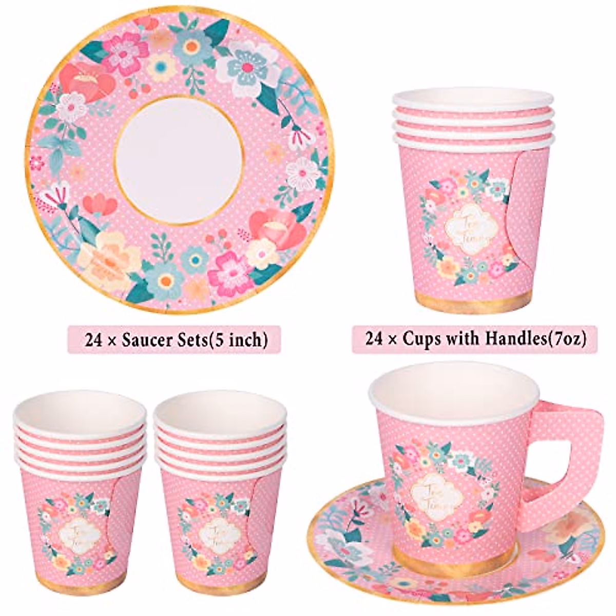 DECORLIFE Disposable Tea Cups Serves 24, 7oz Paper Tea Cups with 5" Saucers, Floral Teacups with Handle for Tea Party Birthday Baby Shower Wedding, Total 48PCS