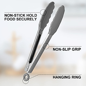 EEKEDO Kitchen Tongs, Stainless Steel Silicone Tongs for Cooking 600ºF High Heat-Resistant BBQ Grilling Locking Tongs, Set of 2-9" and 12" Grey
